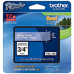 Genuine Brother 3/4" (18mm) White on Clear TZe P-Touch Tape for Brother PT-1450, PT2110 Label Maker