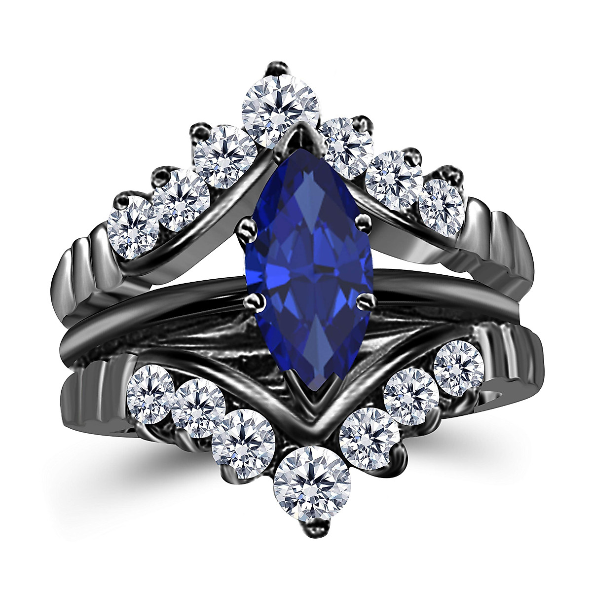 Gems and Jewels 0.75 Ct Marquise Solitaire Engagement Wedding Ring Band Set Enhancer Blue Sapphire 14k Black Gold Plated Alloy