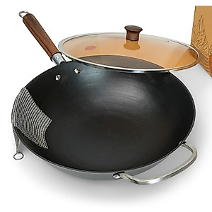 Nomware premium 14-inch lightweight cast iron wok (includes glass lid and chain mail scrubber)