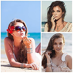 Hicarer 31 Pieces Surfer Strand Wave Bracelet Adjustable Waterproof Handmade Friendship Wax Wrap Bracelet Anklet Sunflower Braided Beach Bracelet for Teen Girl 19 Star Moon Knuckle Ring (Chic Style)