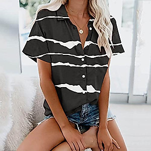 Fashion Womens Short Sleeve Pocket Button Tee Casual Popular Blouse Tops Button Down Short Sleeve Shirts Grey