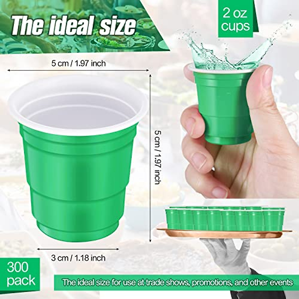 Yinkin 300 Pcs 2 oz Plastic Shot Glasses Disposable 2oz Shot Small Cups 2 oz Mini Party Cups for Valentine's Day Bachelorette Birthday Party(Green)