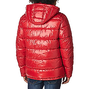 GUESS Men's Mid-Weight Puffer Jacket with Removable Hood, Red, Large