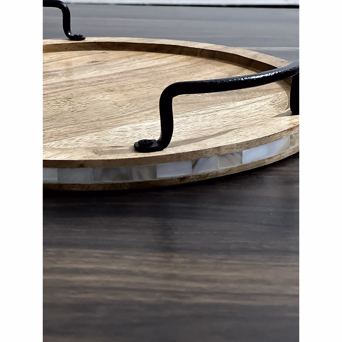 Handmade Wooden Acacia Round Serving Tray Beautiful Mother of Pearl Border Decorative Tray with Handles for Parties Large Handles for Easy Handling, Beautiful Wooden Tray for Multiple uses