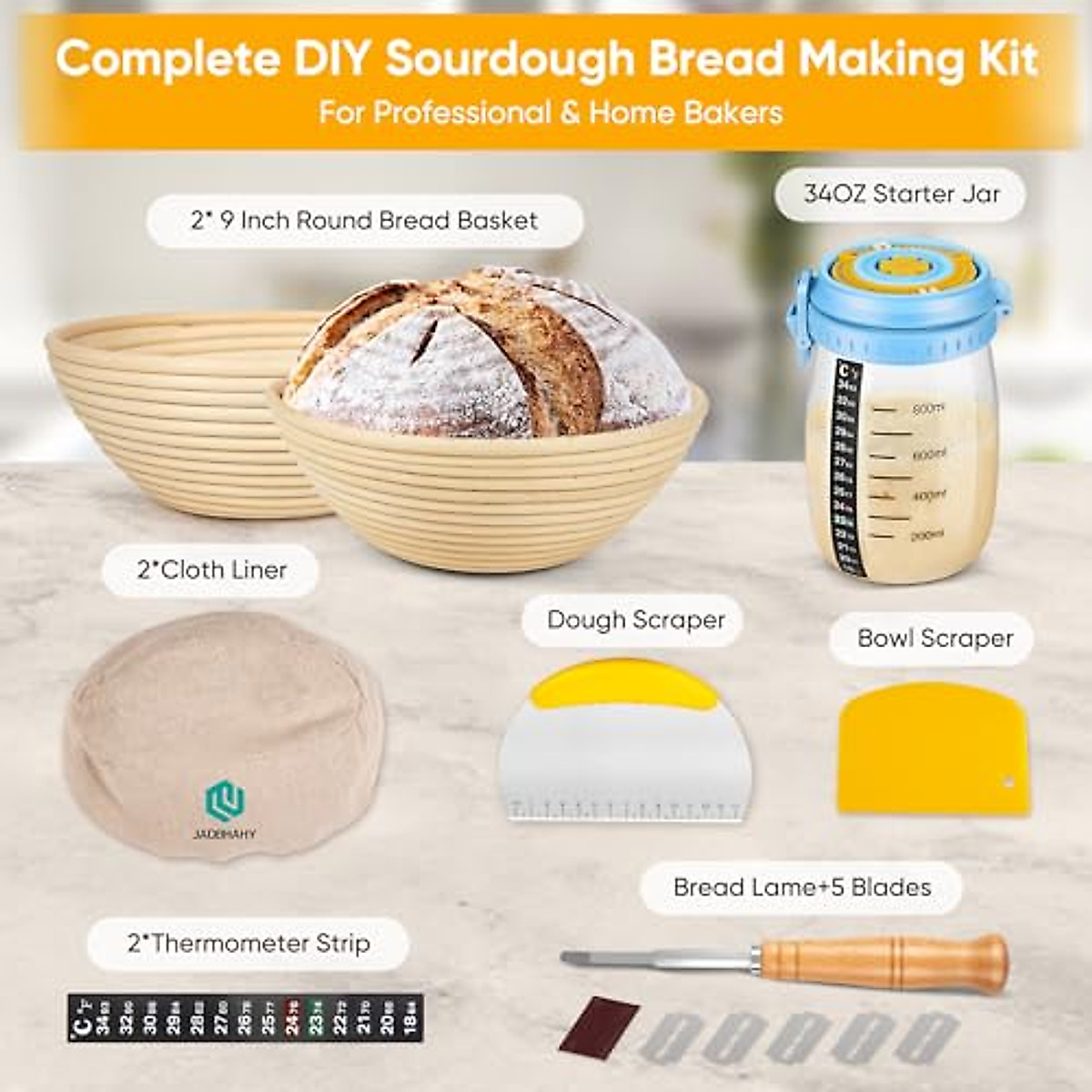 JAOBHAHY Sourdough Bread Baking Supplies, 2 PCS 9" banneton Bread Proofing Baskets, 34 OZ Starter Jar, Linen Liner, Bowl Scraper, Dough Cutte, Bread lame, Temperature Stickers,Perfect Bread Making Kit