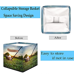 OMFUNS Sport Golf Ball Storage Basket 13x13 Art Painting Collapsible Cube Storage Bin with Handle Fabric Storage Box Organizing for Closet Shelf Home Office Dorm Nursery Toy Basket