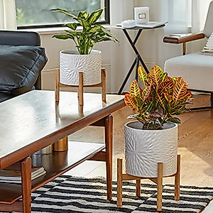 LA Jolie Muse White Planter with Stand,Mid Century Planters for Indoor Plants,Ceramic Plant Pot with Stand - 8 Inch Unique Modern Flower Pots Indoor with Drainage Holes