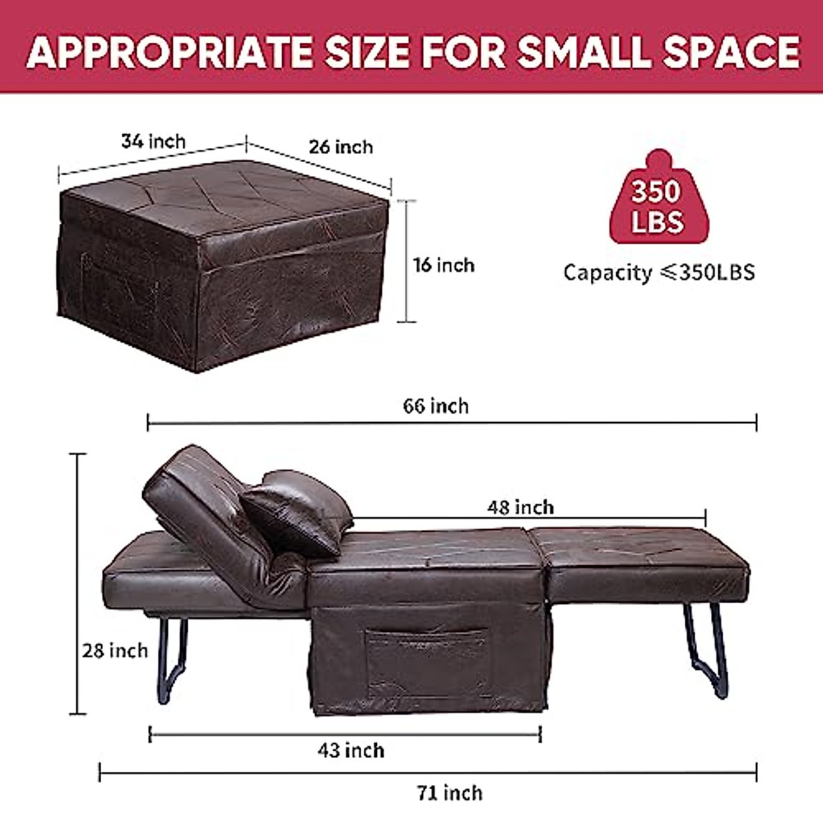 Litbird Sofa Bed, 4 in 1 Multi-Function Folding Ottoman, Couch Bed with Adjustable Backrest Convertible Chair for Living Room, Apartment, Office, Imitation Leather, Modern, Brown