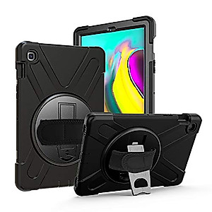 KIQ Shield Series Samsung Tab 10.1 Case SM-T510/T515 Samsung Galaxy Tab A 10.1 Case 2019 Shockproof Rugged Cover 360 Kickstand, Hand Strap & Shoulder Strap for Galaxy Tab A 10.1 Inch - Black