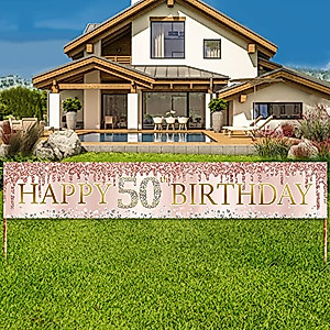 50th Birthday Banner Decorations for Women, Pink Rose Gold Happy 50 Birthday Sign Party Supplies, Large Fifty Year Old Birthday Decor for Outdoor Indoor(9.8x1.6ft)