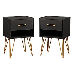 FAMAPY Nightstands Set of 2, Bedside Table Side Table with Drawer & Shelf, Industrial Style, Gold Metal Legs, End Table Black (15.7”W x 11.8”D x 23.6”H)