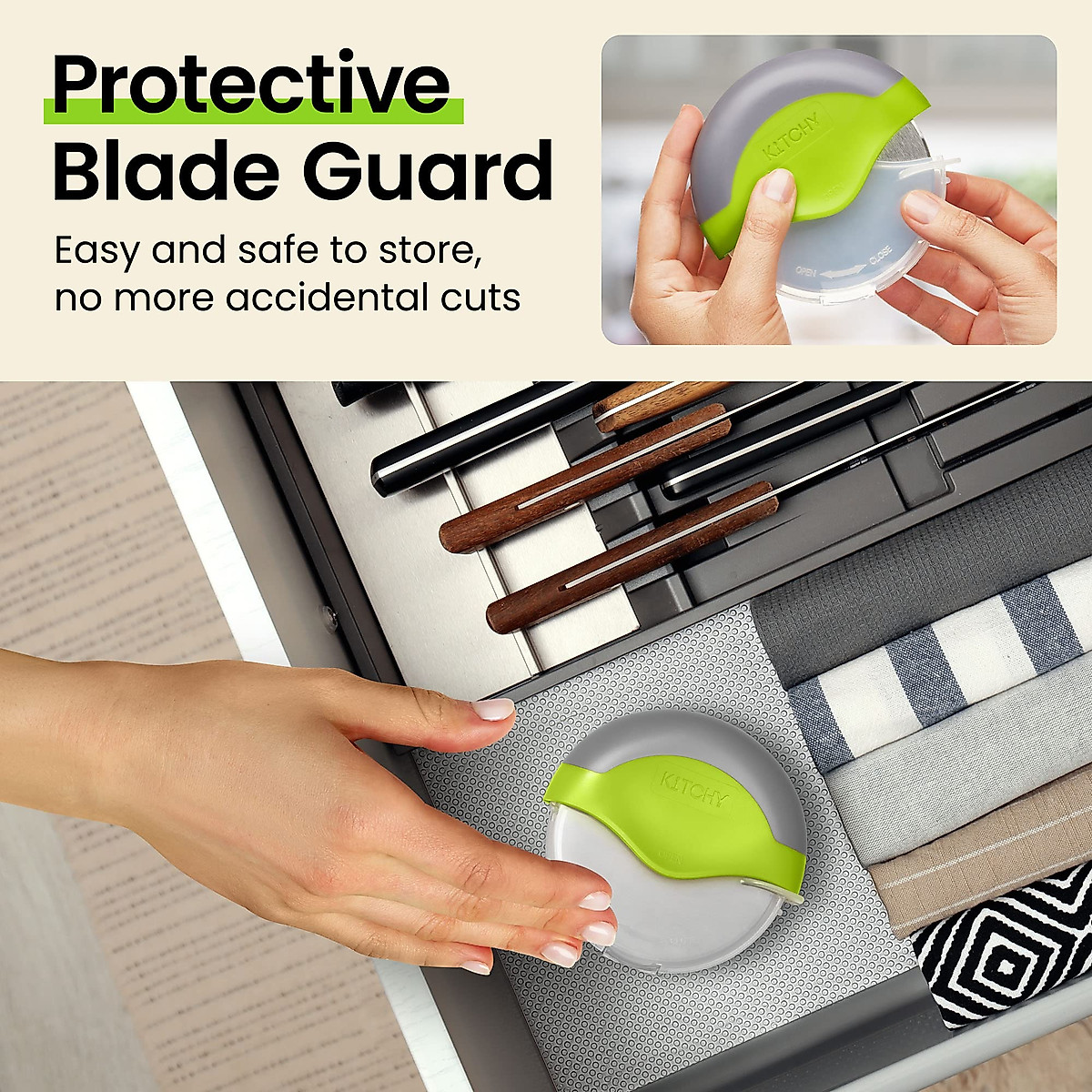 Kitchy Pizza Cutter Wheel - No Effort Pizza Slicer with Protective Blade Guard and Ergonomic Handle - Super Sharp and Dishwasher Safe (Green)