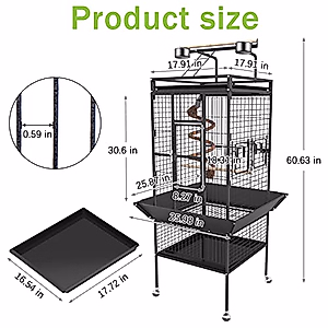 61'' Bird Cage, Large Bird Flight Cages Aviary with Rolling Stand & Bottom Tray, Wrought Iron Birdcage with PlayTop & Rope Bungee Bird Toy for Parakeet, Parrot, Lovebirds, Pigeons, Cockatiels, Macaw