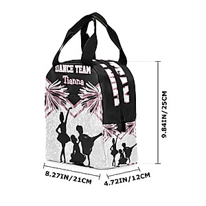 Cheerleader Dance Pink Girl Reusable Insulated Neoprene Lunch Tote Bag Cooler with 2 Pockets Custom Personalized Portable Lunchbox Handbag with Name for Gift