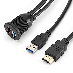 USB Mount Cable –USB Extension Flush, Dash, Panel Mount Cable, for Car, Boat, Motorcycle and More (3.0+HDM+3.3Ft)