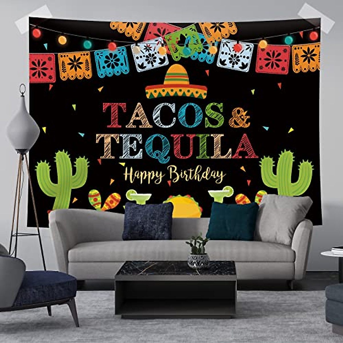 Rsuuinu Mexican Fiesta Backdrop Happy Birthday Tacos and Tequila Colorful Lights Background Drop Cinco De Mayo Backdrop for Pictures Birthday Party Mexican Decorations Banner Photo Booth Props 7x5ft
