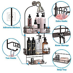 Bextsrack Shower Caddy Over Shower Head, Bathroom Hanging Shower Organizer Rack with Hooks, SUS201 Stainless Steel Shower Shelves for Shampoo, Soap, Bronze