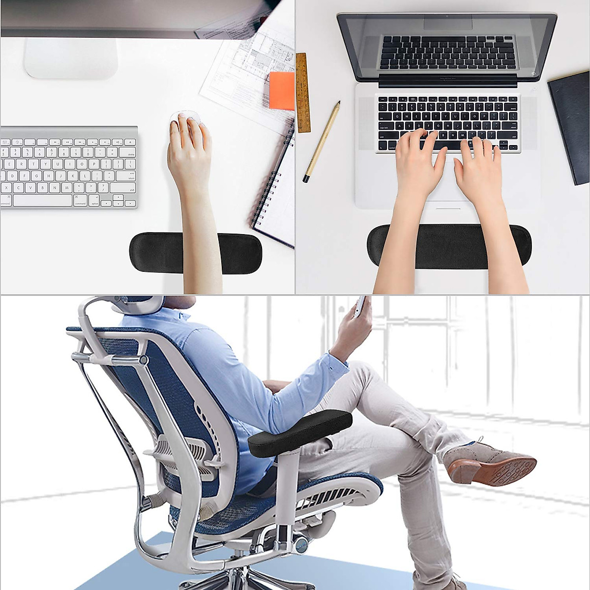 MOSISO Chair Armrest Pads (2 Pack), Memory Foam Home/Office Chair Arm Rest Covers Comfy Computer Gaming Chair Cushion Removable Washable Elbow Support Forearm Pressure Relief, Black