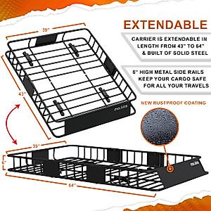 Mockins Anti Rust Roof Cargo Basket |64"x39"x6" Roof Rack Cargo Basket with 16 Cu Ft Waterproof Cargo Bag |250lb Roof Basket Cargo Carrier |Extendable Cargo Roof Rack Basket | Roof Rack Cargo Carrier