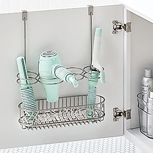mDesign Bathroom Over the Cabinet Door Hair Care & Styling Tool Organizer Storage Basket for Hair Dryer, Flat Iron, Curling Wand, Hair Straighteners, Brushes - Matte Satin