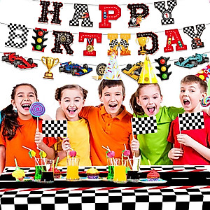 XIPEGPA Race Car Party Decorations Include Race Car Happy Birthday Banner Race Car Tablecloths for Race Car Birthday Baby Shower Party Supplies (Race Car Party Decor Kit, 54 x 108 Inch)