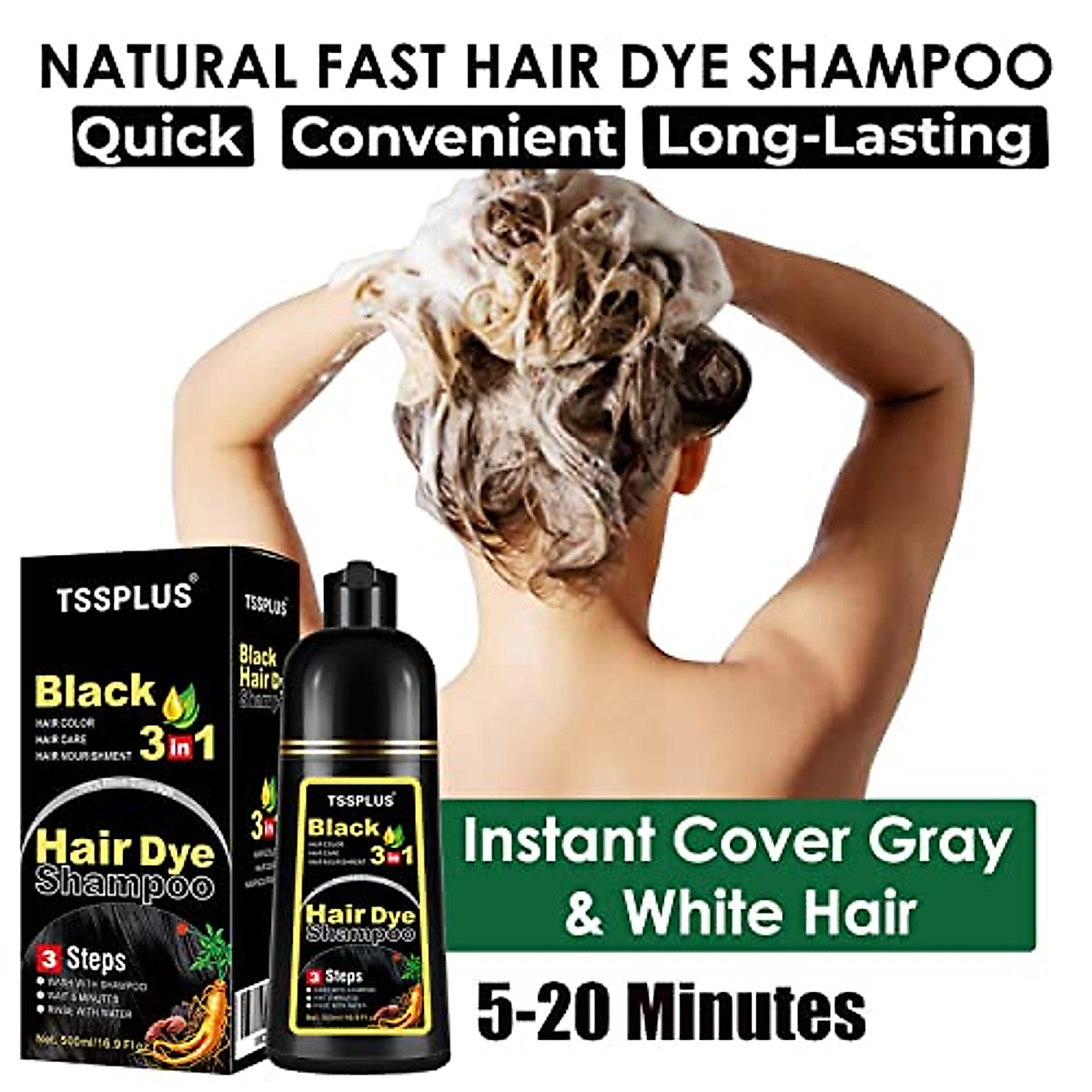 TSSPLUS Professional Black Herbal Hair Color Shampoo - Instant Gray Hair Coverage