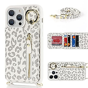 Jaorty iPhone 13 Pro Case for Women with Card Holder,iPhone 13 Pro Phone Case Wallet with Strap,Crossbody Lanyard Cases with Credit Card Slots Kickstand and Stand Case Ring Holder,6.1" White Leopard