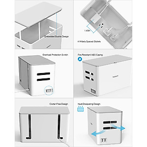 Power Strip with Cable Management Box, TESSAN 5 ft Flat Plug Extension Cord, 4 Outlets 2 USB Ports with Overload Switch, Mountable White Power Cord Organizer Charging Station for Dorm, Office, Home
