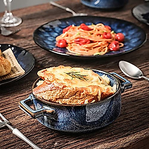 vicrays Ceramic Soup Bowls with Handles, 24 Oz Porcelain Soup Crocks for French Onion Soup, Cereal, Beef Stew, Chill, Pasta, Pot Pies, Microwave and Oven Safe, Set of 4 (Blue)