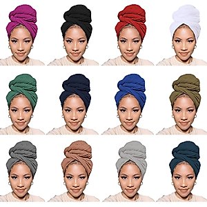 PWEOUKE 12 Pieces Large Stretch Turban Head Scarves for Black Women African Knit Headwraps Solid Color Ultra Soft Extra Long Breathable Head Band Tie