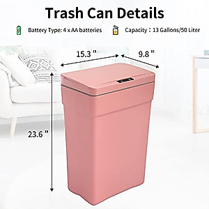 BLKMTY Trash Can 13 Gallon Trash Cans 50 Liter Kitchen Trash Can with Lid Plastic Garbage Can Automatic Garbage Bin Touchless Trash Bin for Office Bathroom Rubbish Can Auto Waste Bin, Pink