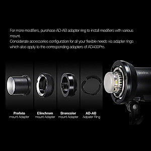 Godox AD300Pro AD300 Pro Strobe Light, 300W 2.4G TTL Flash Strobe Monolight, 1/8000 HSS, 0.01-1.8S Recycle Time, 300 Full Power Pops, 5600±100K, 12W Brightness Adjustable Bi-Color Modeling Led