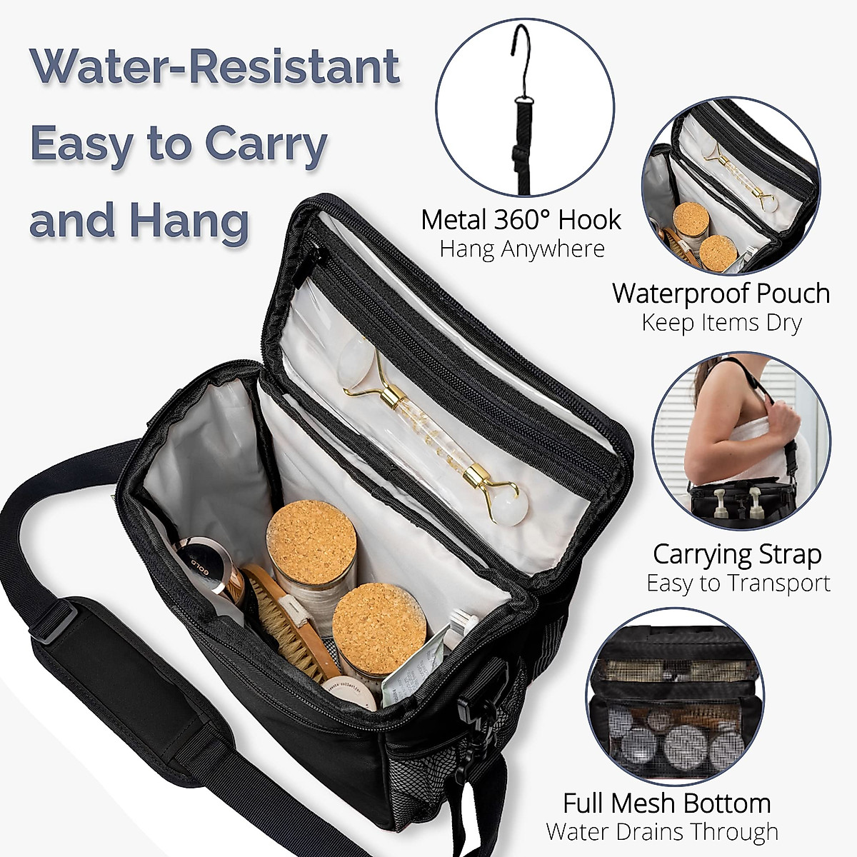 TERRA HOME Portable XL Shower Caddy Bag - College Dorm Room Essentials for Men, Women, Students - Foldable, Water Resistant with Hanging Keychain Hook and Shoulder Strap Shower Organizer Bag (Black)