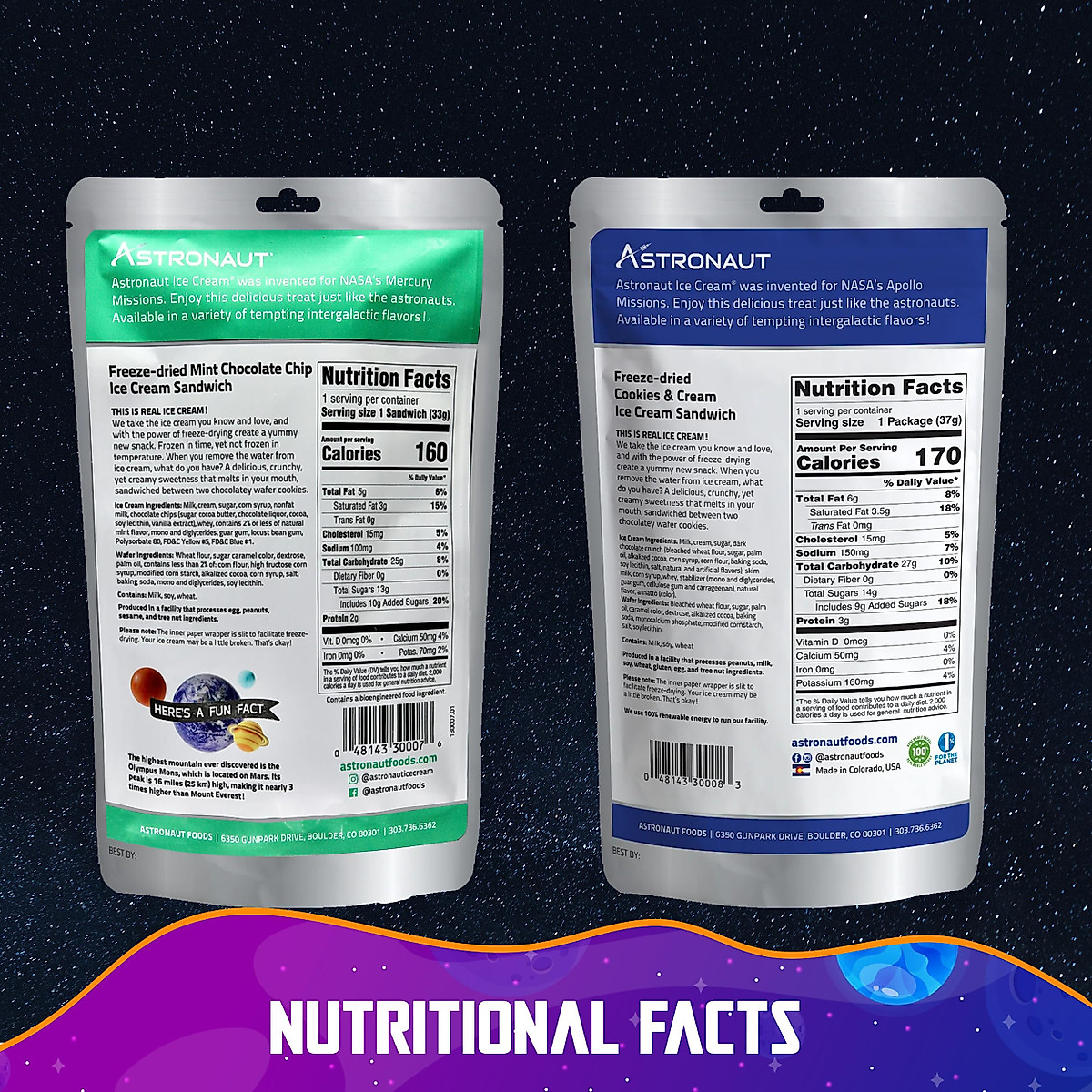 Astronaut Foods Freeze-Dried Ice Cream Sandwich, NASA Space Ice Cream, Variety Pack with Mint Chocolate Chip and Cookies and Cream, Nostalgia, Wafers, 6 Count