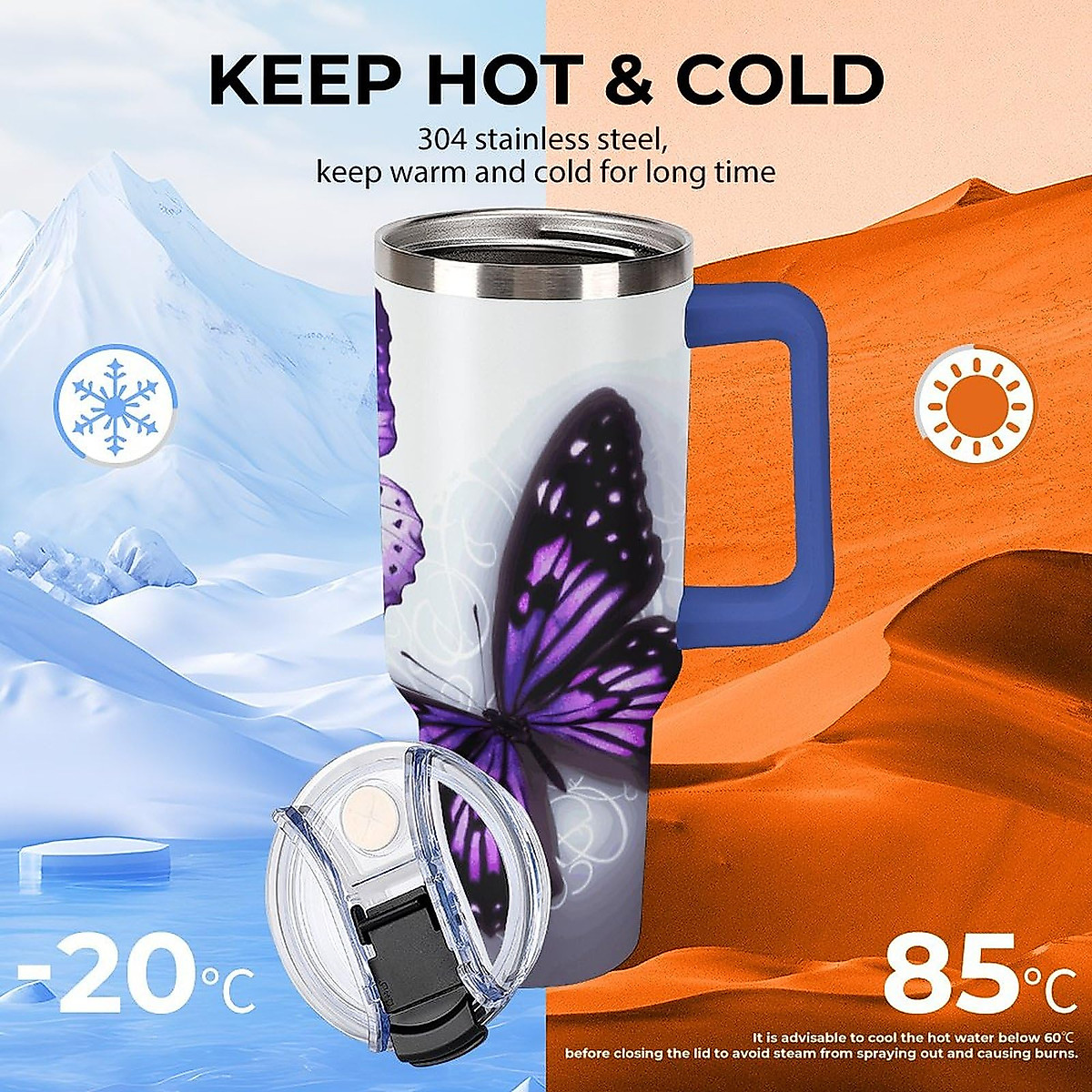 40 Oz Vacuum Tumbler with Deep Blue Handle Leakproof Insulated Tumbler White Purple Butterflies Stainless Steel Travel Mug with Lid And Straw Coffee Cup Cute Water Bottles Cup Holder Friendly