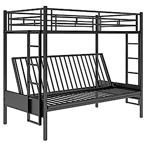 Twin-Over-Futon Convertible Couch and Bed, Metal Futon Bunk Bed with Guardrails and Ladder, Sturdy Steel Foldable Sofa-Bed for Kids Adults Teens (Twin Over Full Metal Bunk Bed, Twin)