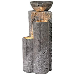 Bowl and Pillar Zen Modern Outdoor Floor Water Fountain 34 1/2" High with LED Light Cascading for Garden Patio Backyard Deck Home Lawn Porch House Relaxation Exterior Balcony - John Timberland