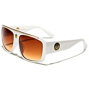 White & Gold Kleo Flat Top Hip Hop Rapper Retro Aviator Sunglasses w/ Brown Lenses
