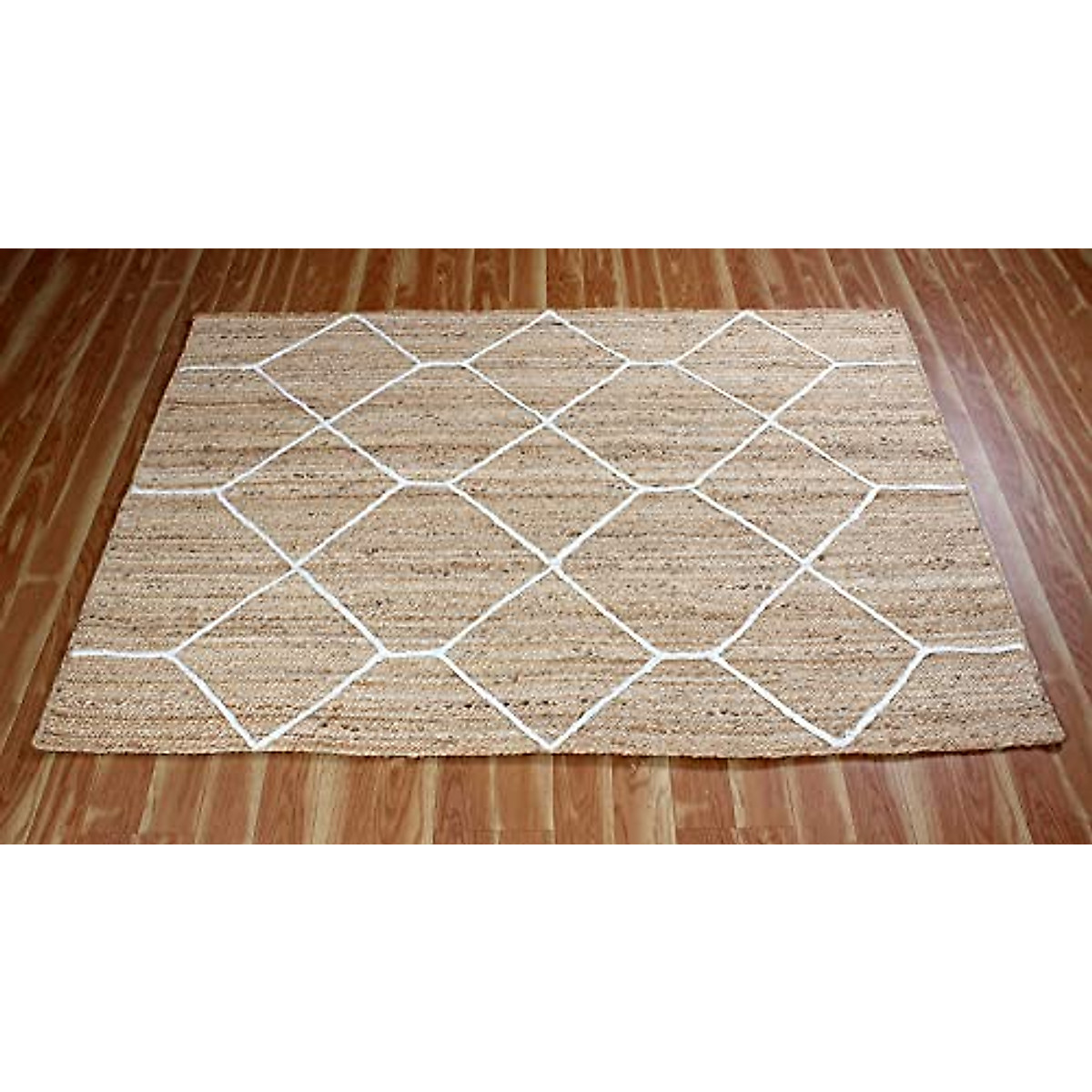 Casavani Indian Handmade Natural Fiber Rug Geometric Beige & White 3x5 Ft Rectangular Shape Jute Rug Best Uses For Bedroom,Dining Room & Loundry Room 11x11 Feet Square