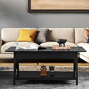 IFANNY Coffee Table, 44" Rectangle Cocktail Table with Storage Shelf, Industrial Accent Table with Metal Frame & Adjustable Foot Pads, Wood Center Table for Living Room, Home Office (Black)