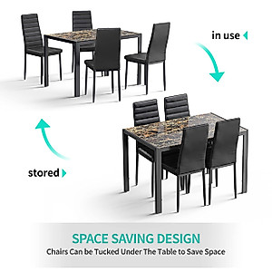 Gizoon 5 Piece Glass Dining Table Set, Kitchen and Chairs for 4, PU Leather Modern Room Sets for Home, Kitchen, Living Room