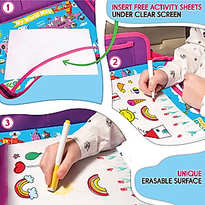 ECOFANTASY Kids Travel Tray - Waterproof Lap Table with No-Drop Large Tablet Holder - Car Seat Tray - Road Trip Essentials Kids - Car Desk Organizer for Airplane - Toddler Travel Essentials (Pink)