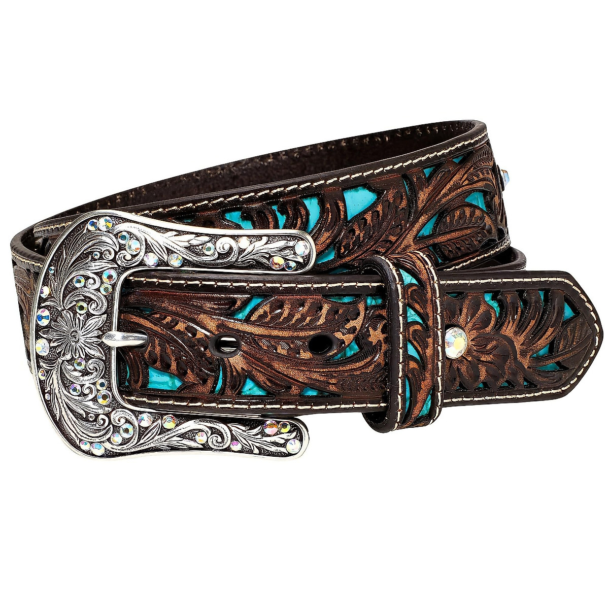 Ariat Women's Blue Inlay Floral Bling Belt, Brown, Large