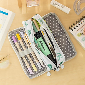 ANGOOBABY Large Pencil Case Big Capacity 3 Compartments Canvas Pencil Pouch for Teen Boys Girls School Students (Green Cactus)