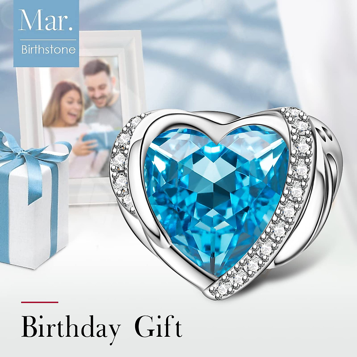 NINGAN March Birthstone Charms for Charms Bracelet, Angel Wings 925 Sterling Silver Love Heart Bead Pendant Engraved Generous, Birthday Mother's day Jewelry Gifts for Women