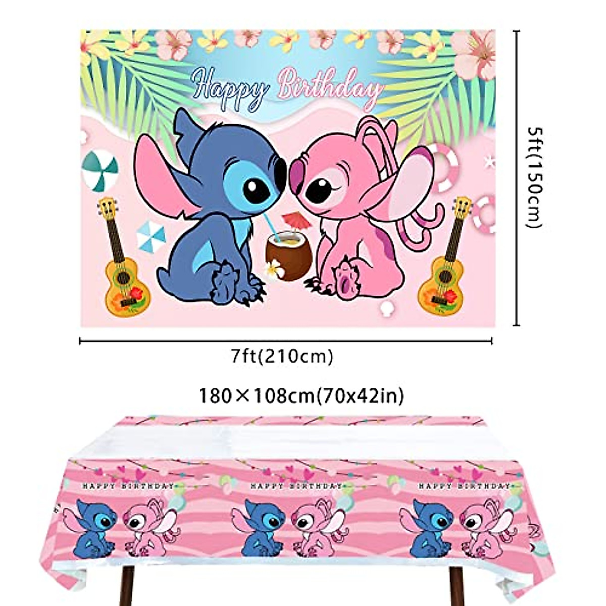 Pink Cartoon Themed Backdrop with Tablecloth 70x42in for Girls Family Birthday Party Decorations Supplies 7x5ft, One Size