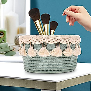 Woven Basket Small Woven Storage Basket Decorative Cotton Rope Basket with Tassel Woven Nursery Hamper Storage Bin for Blankets Towels Toilet Paper Green Bathroom Basket
