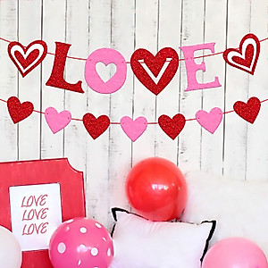 Love Banner for Happy Valentine's Day I Love You Engagement Wedding Anniversary Proposal Courtship Romantic Special Night Heart Party Supplies Pink and Red Glitter Decorations