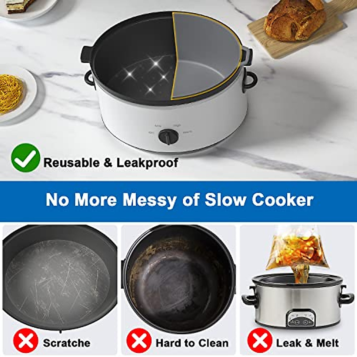 Slow Cooker Liners Fit 7-8 Quart Oval Crockpot, Reusable Silicone Crock Pot Liners Food Grade Slow Pot Accessories for Replacing Disposable Liners, Easy to Clean & Leak-Proof
