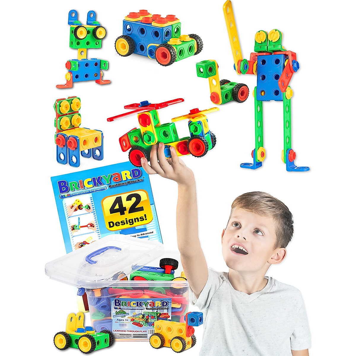 Brickyard Building Blocks STEM Toys - Educational Building Toys for Kids Ages 4-8 with 101 Pieces, Tools, Design Guide and Toy Storage Box, Gift for Boys & Girls